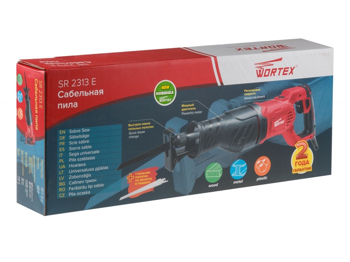 Сабельная пила WORTEX SR 2313 E в кор. + 2 пильных полотна 1100 Вт, дер. 230 мм, ход 28 мм, рег ...