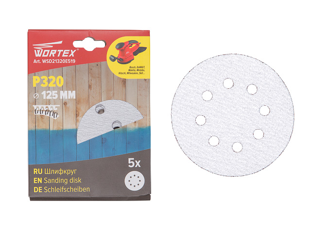 Шлифлист 125мм круг Р320 д/краски самосцепл. 8 отв. 5 шт. WORTEX - Садовая техника и инструменты