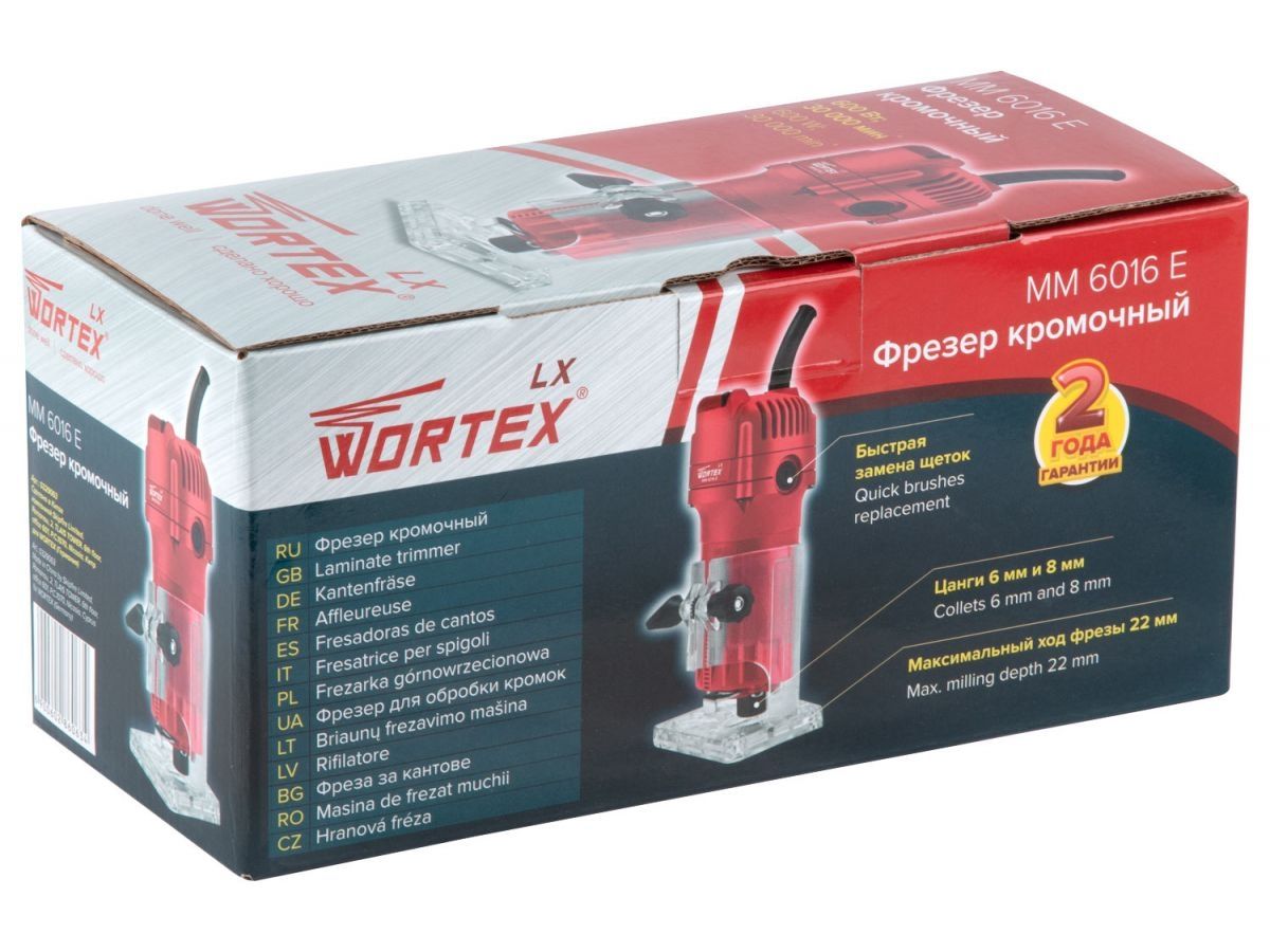 Фрезер кромочный WORTEX LX MM 6016 E в кор. + аксессуары 600 Вт, цанга 6/8 мм, 30000 об/мин ...