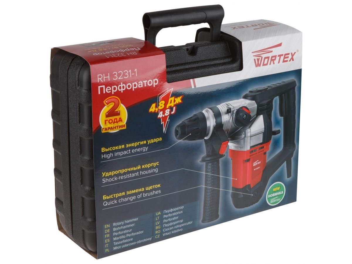Перфоратор WORTEX RH 3231-1 в чем. + (2 зубила, 3 сверла) 1000 Вт, 4.8 Дж, 32 мм, 2 режима, SDS ...