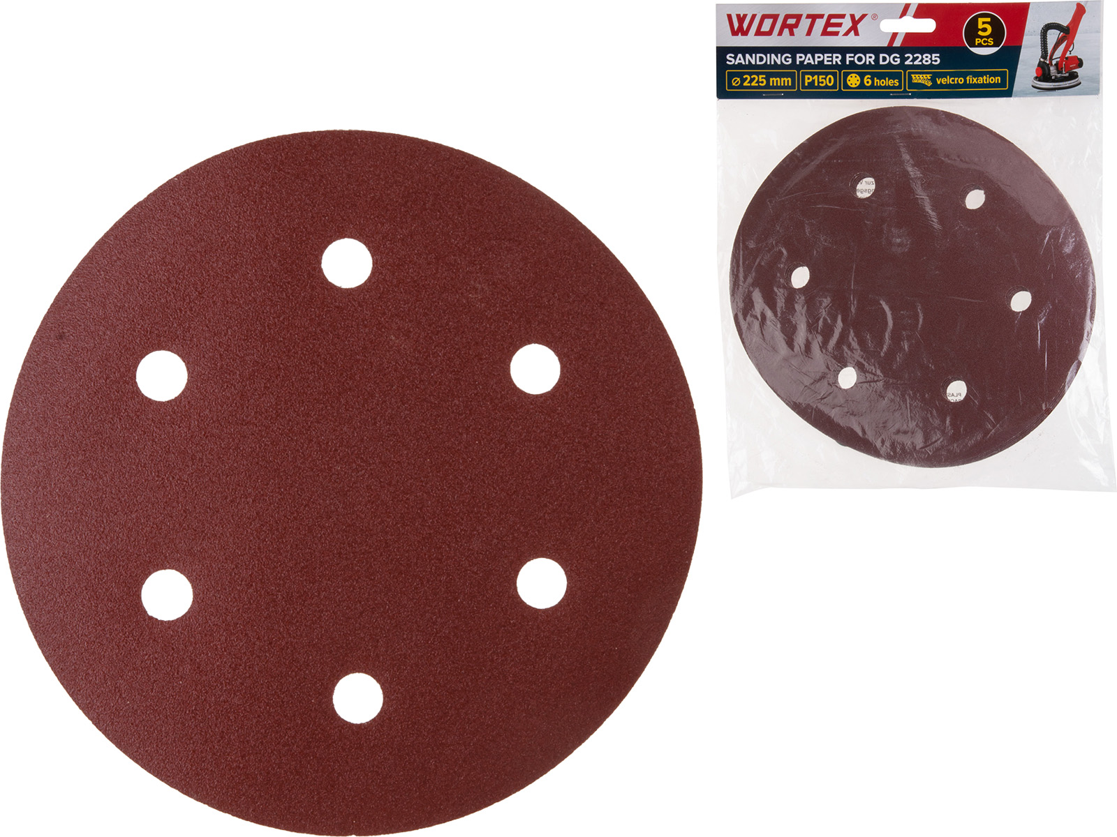 Шлифлист 225 мм Р150 самосцепл. 6 отв. 5 шт. WORTEX для DG 2285 ...